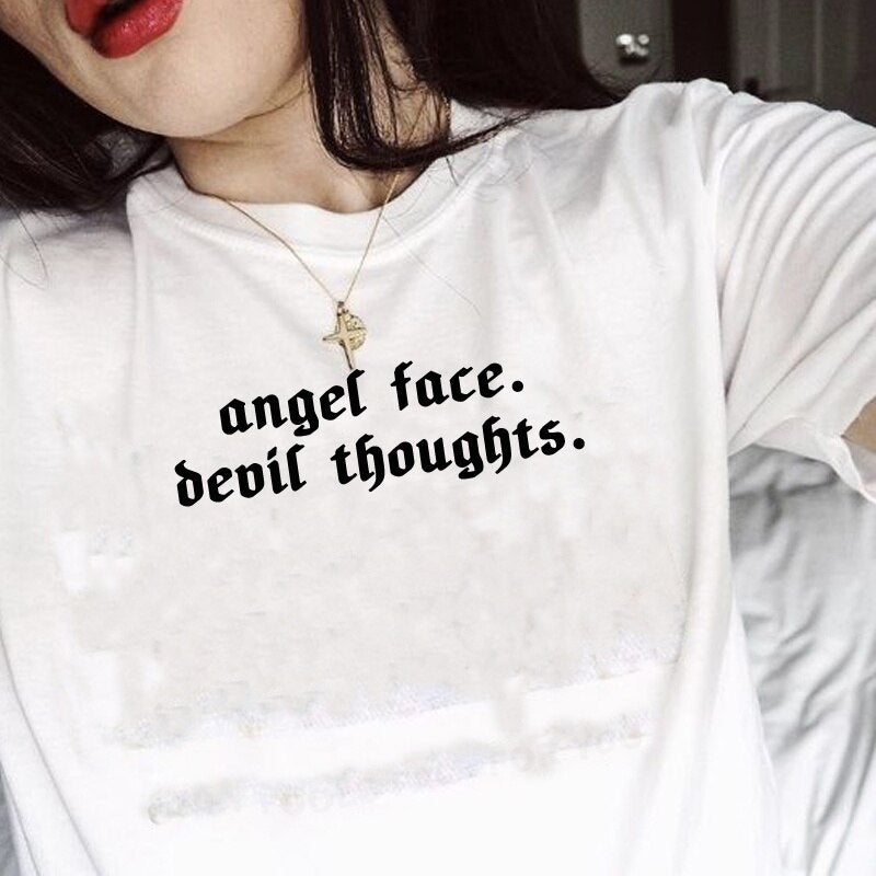 Gothic ANGEL FACE DEVIL THOUGHTS T-Shirt (Available in black, pink and – ROCK 'N DOLL